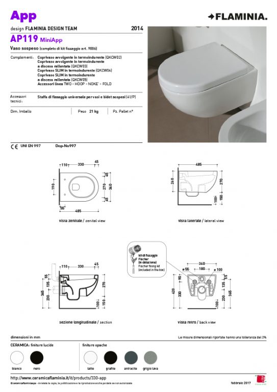 APP toilet Mini Flaminia met spoelrand in wit of kleur met blinde montage