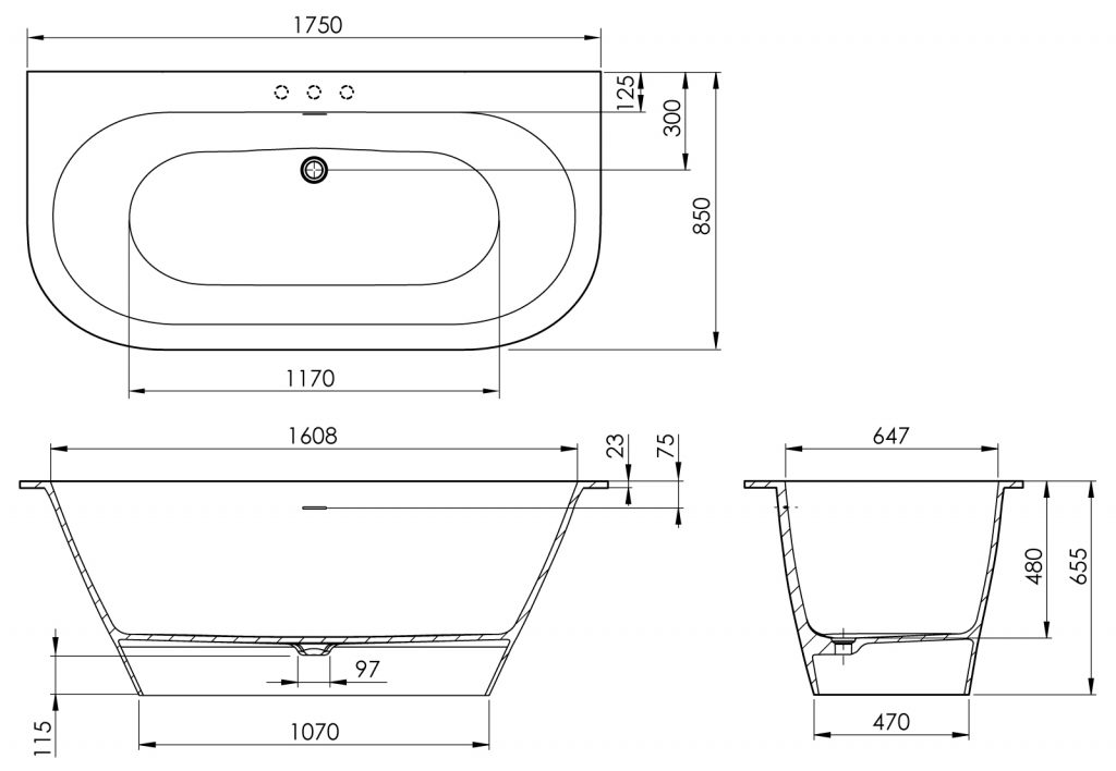 Vario ligbad Solid surface met geïntegreerde overloop